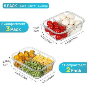 Vtopmart 5 Pack 33oz Glass Food Storage Containers with Airtight Lids, 2 & 3 compartment Meal Prep Containers Leakproof, Lunch Containers Bento Boxes for Microwave, Oven, Freezer, Dishwasher, BPA Free