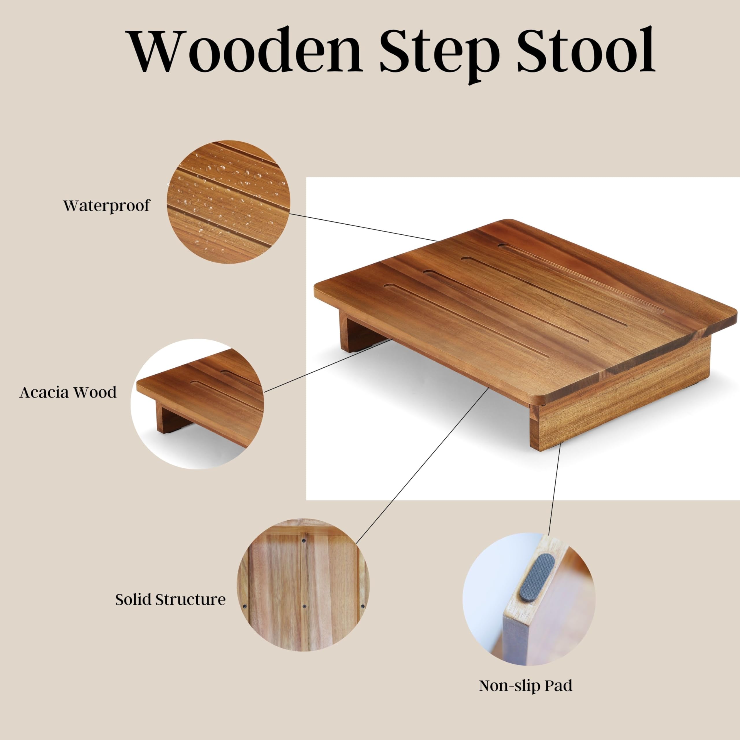 Perfnique Wooden Step Stool, 3.5" One Step Stool for Adults, 200lb. Load Non-Slip Acacia Wood Step Stools for High Beds, One Step Ladder for Bedroom, Kitchen, Bathroom (Natural,3.5in)