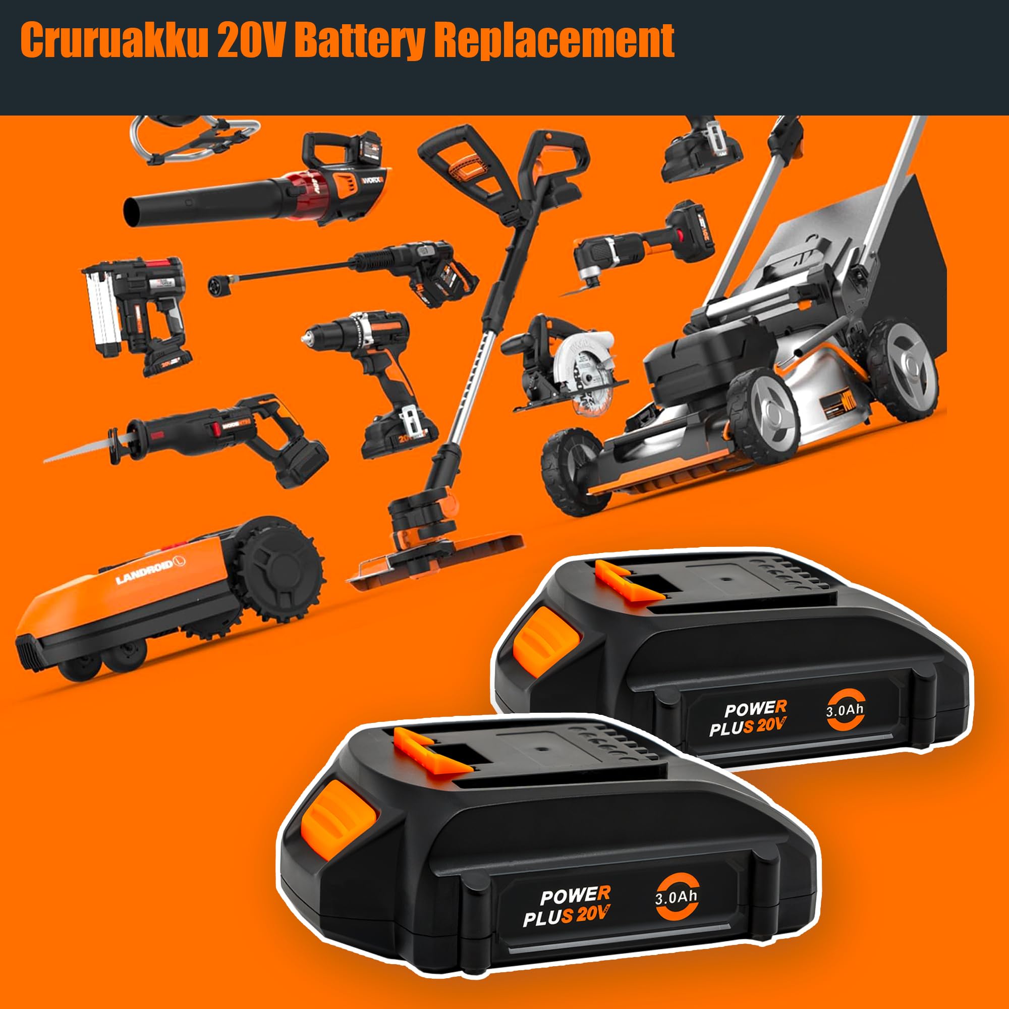 Cruruakku Battery Replacement for WOR Battery 20V and Battery Charger for 20 Volt Lithium Battery WA3520 WA3525 WA3575 WG151s WG155s WG251s WG255s WG540s WG545s WG890 WG891