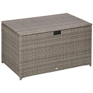 outsunny 113 gallon deck box, rattan outdoor storage box, waterproof storage container for indoor, patio furniture cushions, pool supplies, garden tools, gray