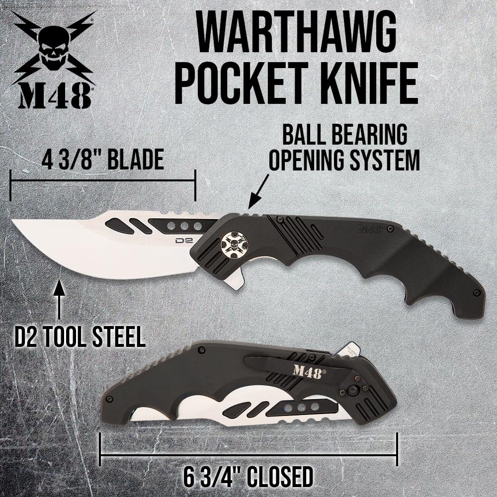 M48 Warthawg Pocket Knife | D2 Tool Steel Blade | Ball Bearing Opening | Pocket Clip | Injection-Molded Nylon Handle | Closed Length 6.75”