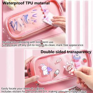 UINSUE Cute Pen case Adorable Bunny Transparent 3-Layer Large Capacity Pencil Case Gadget organizer with Lovely Stickers (Purple)