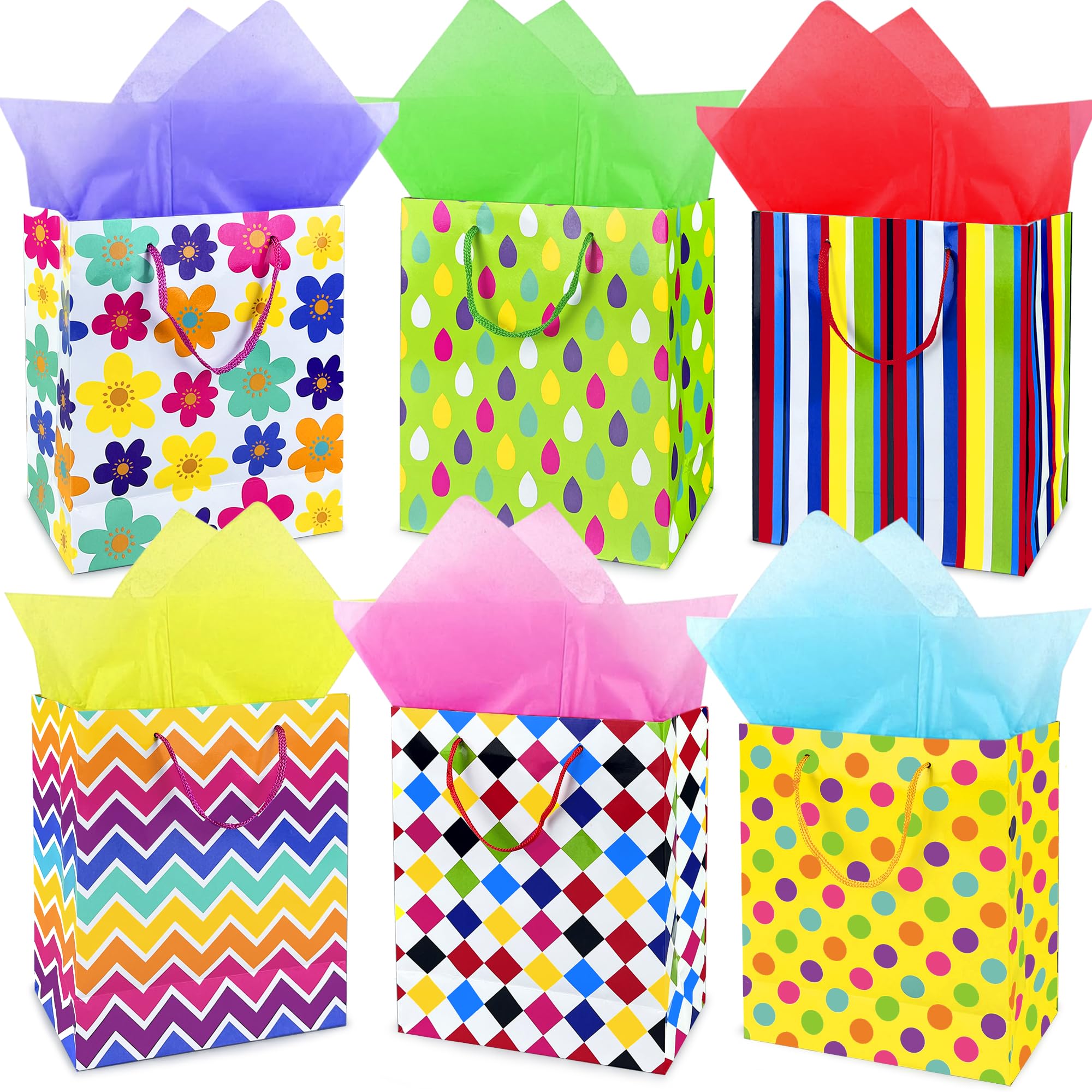 MUMULULU 6 Pack Gift Bags Medium Size with Handle and Tissue Paper Colorful Geometric Elements Pattern Gift Bags for Birthday Party Baby Shower Wedding Holiday Presents