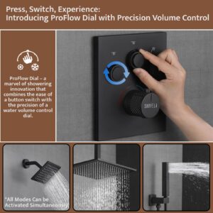 SHOYELA Thermostatic Shower System Matte Black, Push Button Diverter Shower Faucet with 2 in 1 Handheld, Ceiling Mount 12 Inch Shower Head with 6 Inch Wall Mount Shower Head