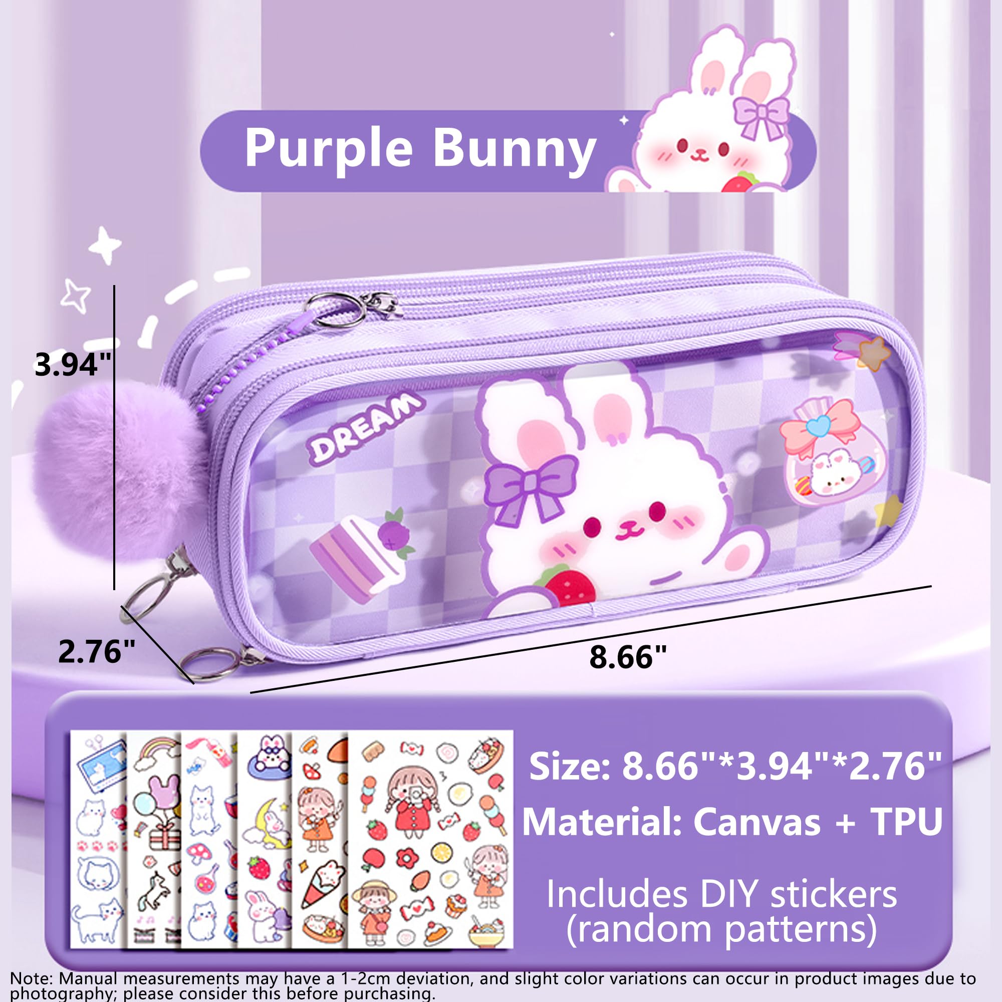 UINSUE Cute Pen case Adorable Bunny Transparent 3-Layer Large Capacity Pencil Case Gadget organizer with Lovely Stickers (Purple)