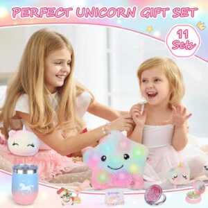 Ingbear Unicorn Toys for Girls Age 4-6 7 8, Girls Birthday Gifts with Light Up Plush Stars Pillow/Crossbody Bag/Water Bottle/Headband/Soft Plush Toys Set for Teens Christmas