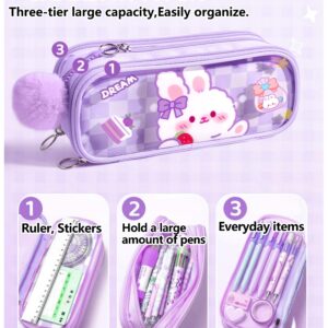 UINSUE Cute Pen case Adorable Bunny Transparent 3-Layer Large Capacity Pencil Case Gadget organizer with Lovely Stickers (Purple)