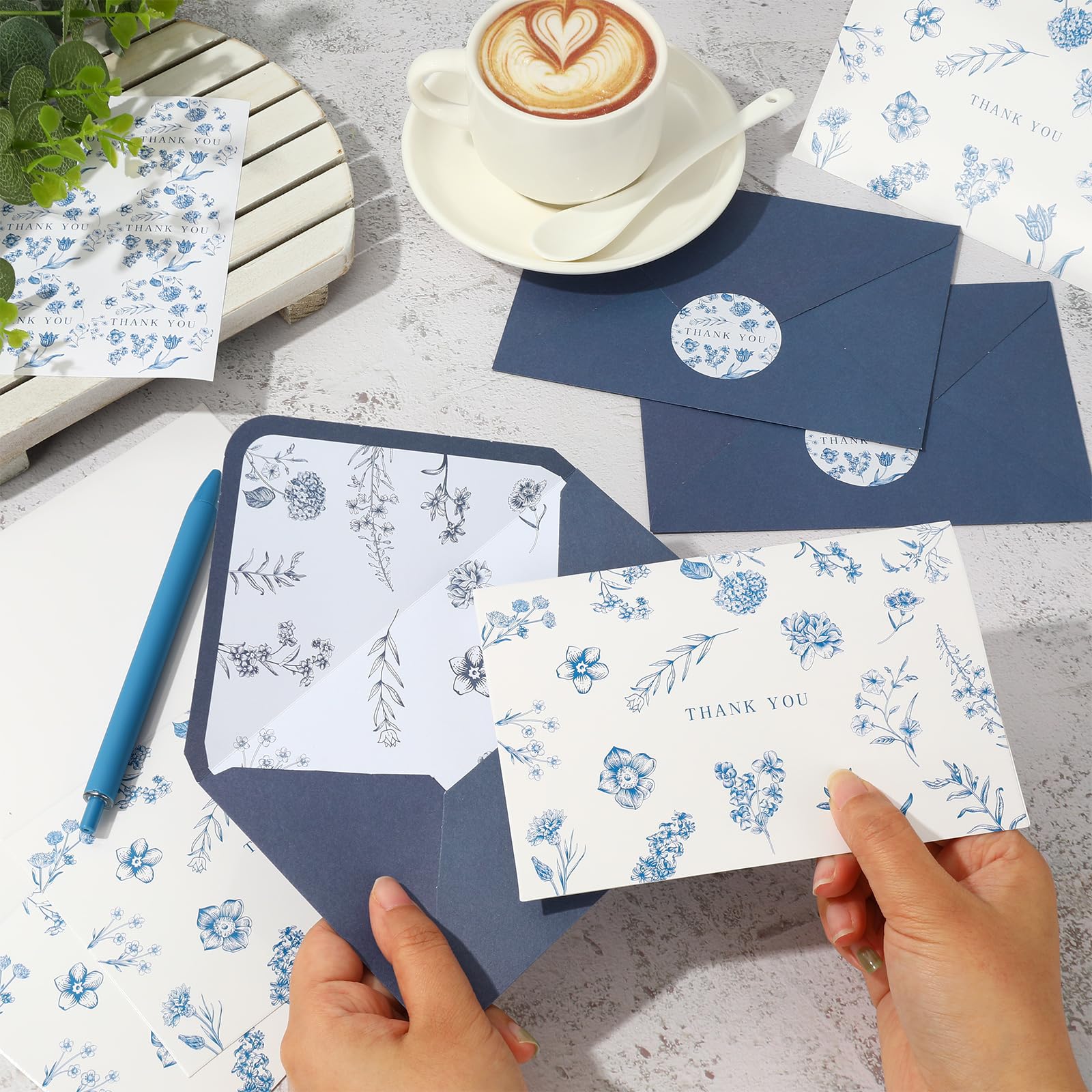 Whaline 36Pcs Blue Floral Thank You Cards with Envelopes and Stickers Blue Greeting Cards Blank Note Cards for Weddings Bridal Shower Baby Shower