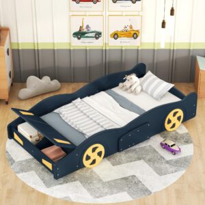 brisca twin size race car-shaped platform bed with wheels,solid wood bed frame w/storage,no box spring required,for bedroom,apartment,guest room,dark blue+yellow