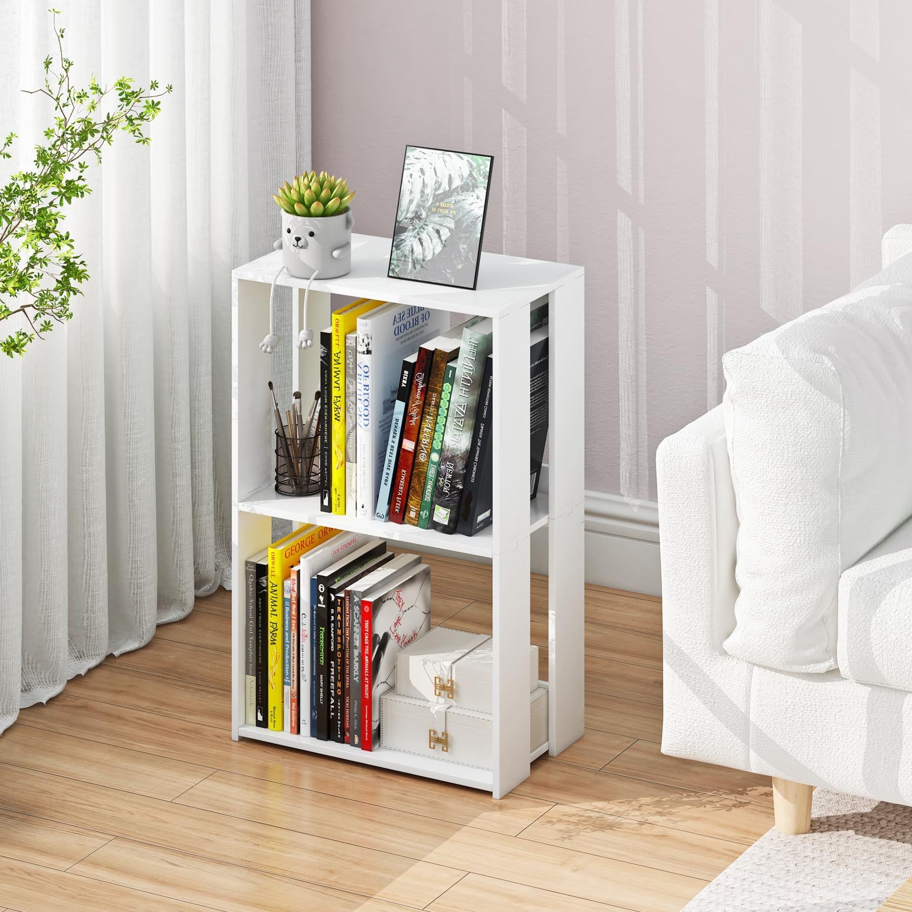 POBOMULI 3-Tier End Table, White Side Table for Small Space Modern Bookshelf Storage Organizer, Narrow Nightstand Bookcase Display Shelf for Bedroom, Living Room, Home Office(24.4" H)