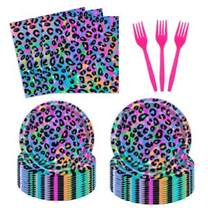 96 pcs neon rainbow leopard birthday tableware set girl's sparkly paint splatter cheetah party supplies for 24 guests rainbow leopard print pattern birthday dinnerware