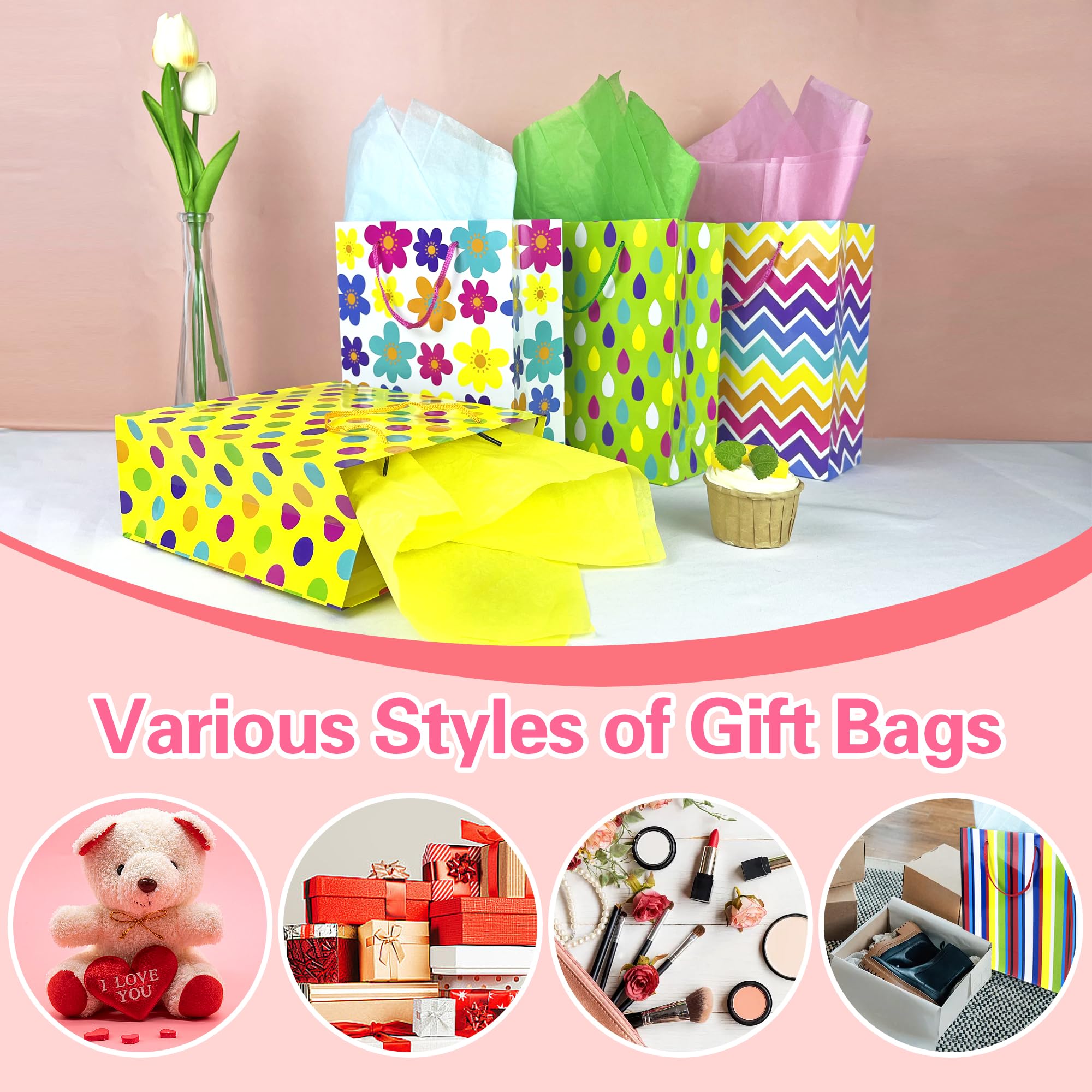 MUMULULU 6 Pack Gift Bags Medium Size with Handle and Tissue Paper Colorful Geometric Elements Pattern Gift Bags for Birthday Party Baby Shower Wedding Holiday Presents