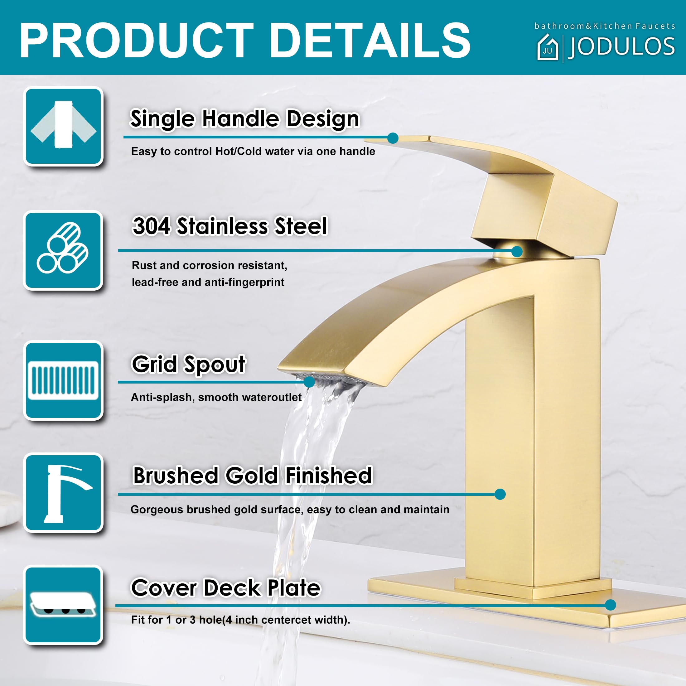 Jodulos Gold Bathroom Faucet, Waterfall Bathroom Sink Faucet with cUPC Supply Hose and Pop Up Drain, Single Handle Single Hole Modern Faucet for Bathroom Vanity