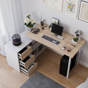 mekminop l shape computer desk with 3 drawers and 2 shelves, home office desk corner small desk with storage cabinet for writing study executive – walnut and white