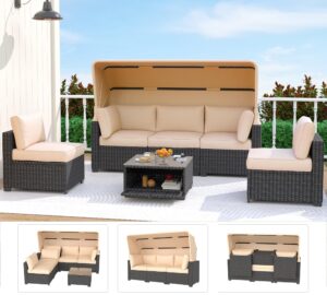 idealhouse outdoor daybed with canopy,6 pieces patio furniture sets adjustable backrest pe gradient wicker sectional furniture set with tempered glass side table