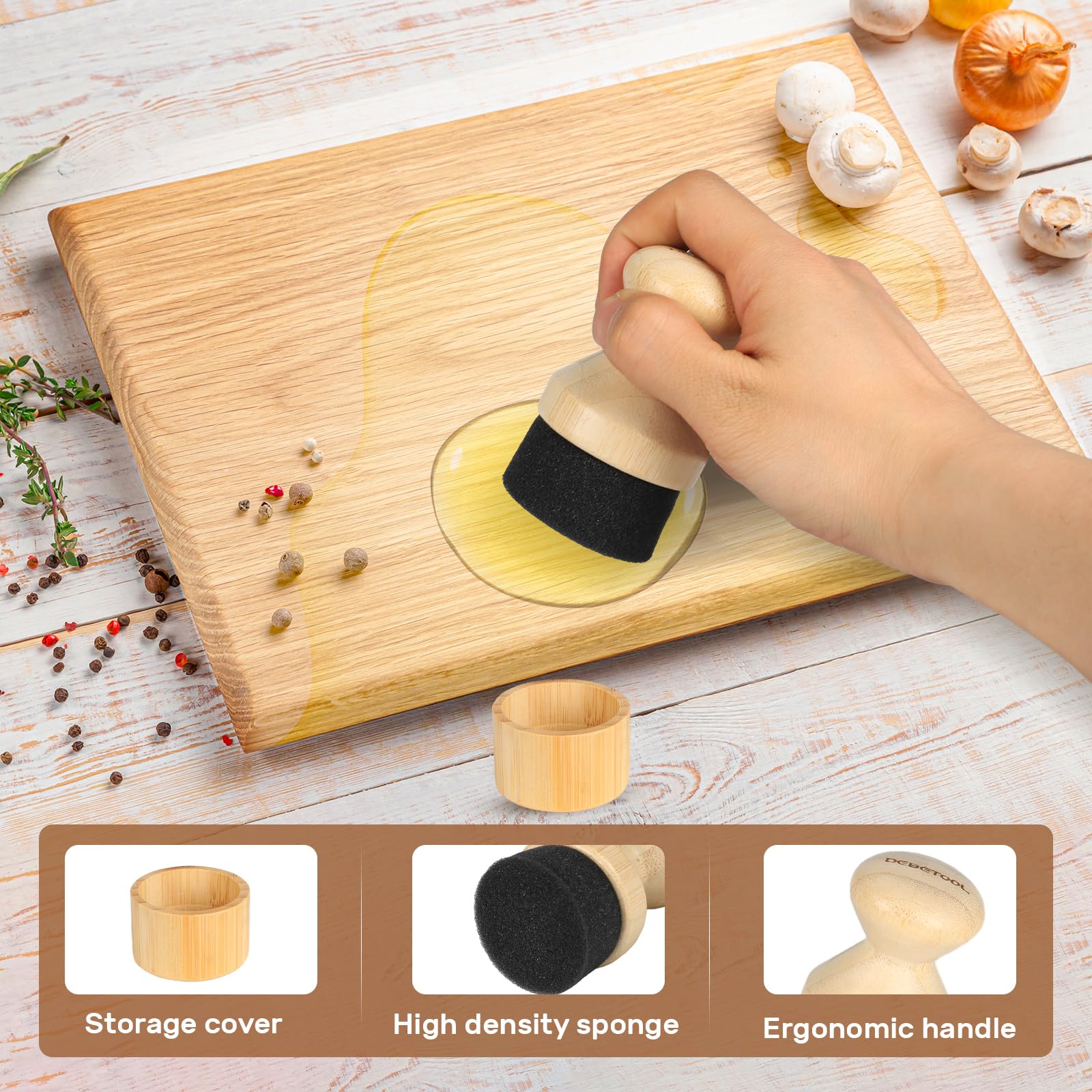 DEBETOOL Cutting Board Oil & Wax Applicator with Lid, Food Grade Mineral Oil & Wax Applicator for Wooden Cutting Board - Natural Bamboo Applicator for Butcher Blocks, Spatula，Spoon and Utensils