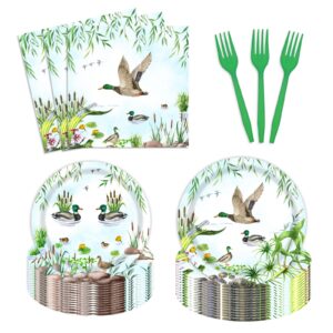 96 pcs mallard duck party plates and napkins party supplies one lucky duck tableware set duck hunting birthday party decorations favors for duck hunter baby shower serves 24