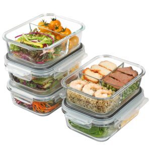 vtopmart 5 pack 33oz glass food storage containers with airtight lids, 2 & 3 compartment meal prep containers leakproof, lunch containers bento boxes for microwave, oven, freezer, dishwasher, bpa free