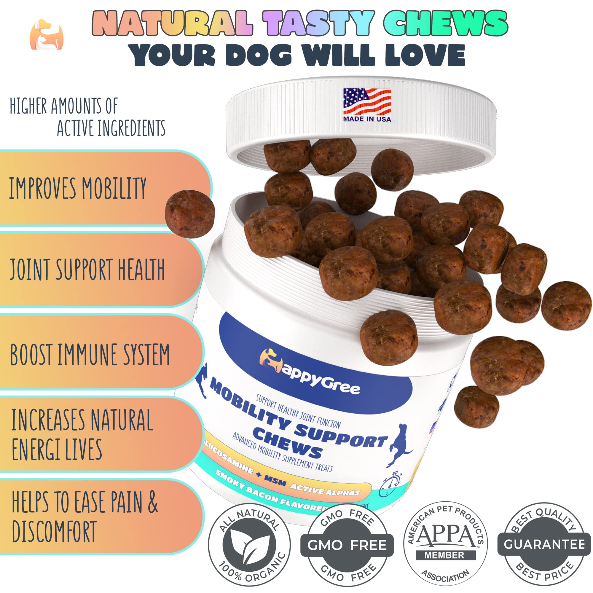 Best Natural Health Supplements for Dogs, Various Formulas & Benefits - Vet Recommended, 170 Natural Soft Chews - Smoky Bacon Flavor, Made in The USA (Hip&Joint Mobility Support)