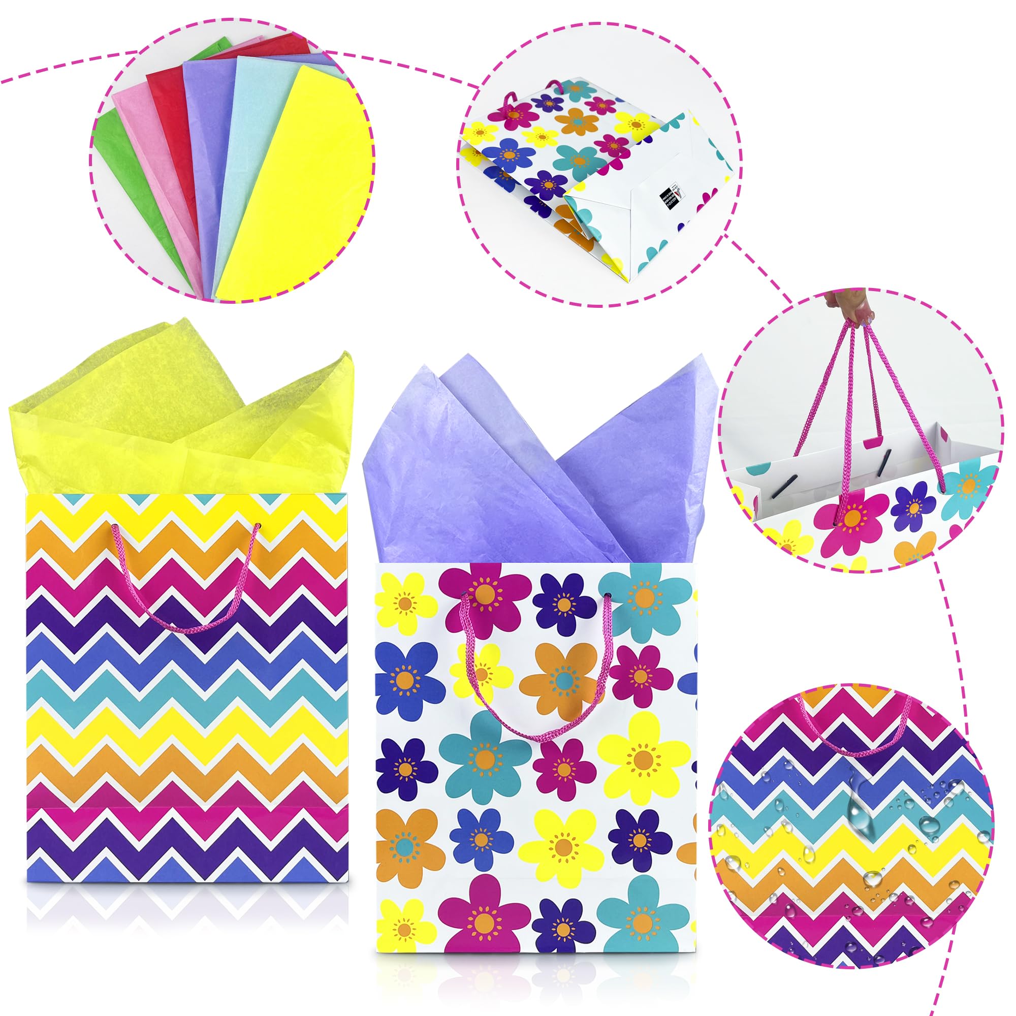 MUMULULU 6 Pack Gift Bags Medium Size with Handle and Tissue Paper Colorful Geometric Elements Pattern Gift Bags for Birthday Party Baby Shower Wedding Holiday Presents