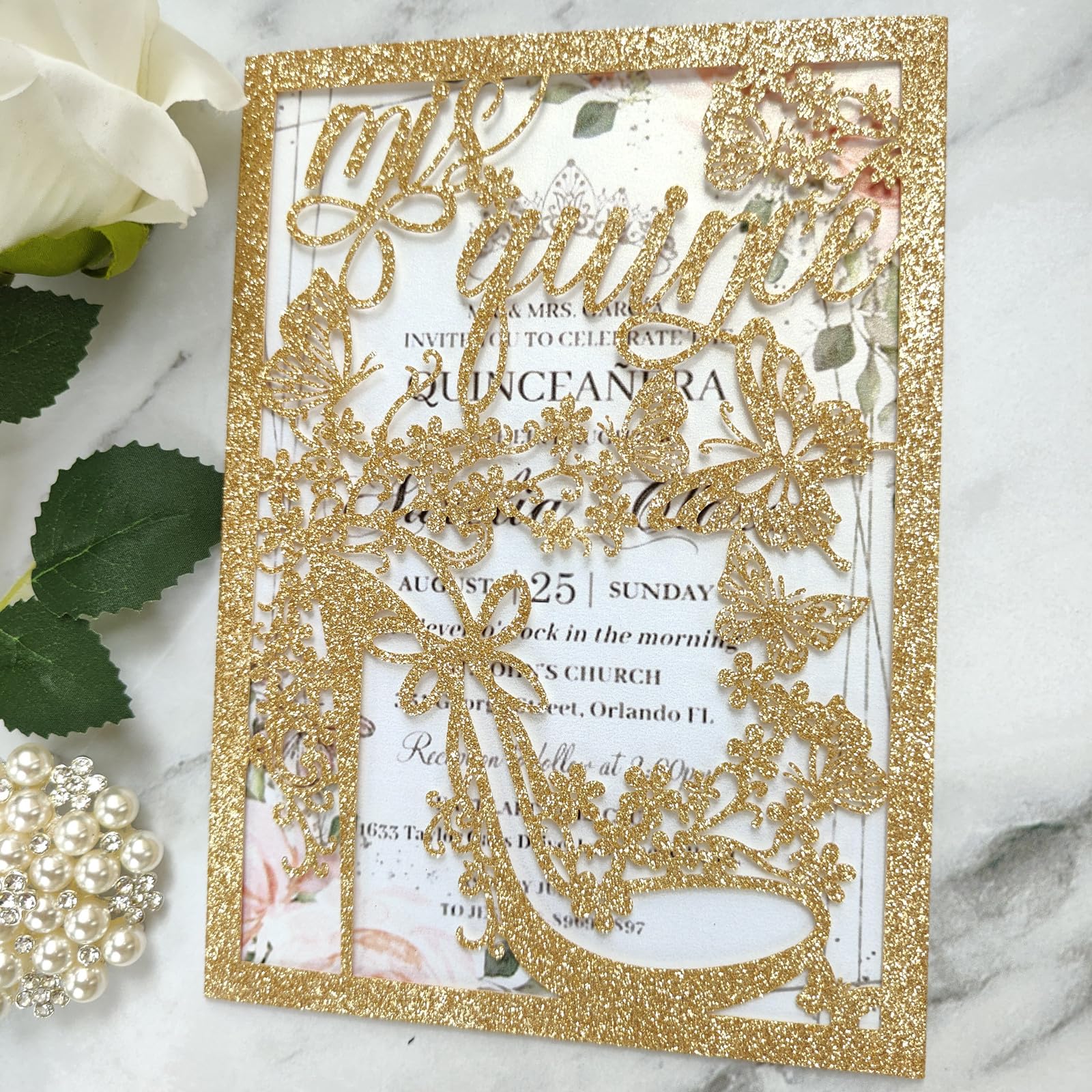 JOACHUUY 20PCS Personalized laser cut quinceanera invitations,Pocket Quinceanera invitation SVG, DXF, PNG,15 year,sweet sixteen invitations,Bridal shower invitations. (glitter gold)