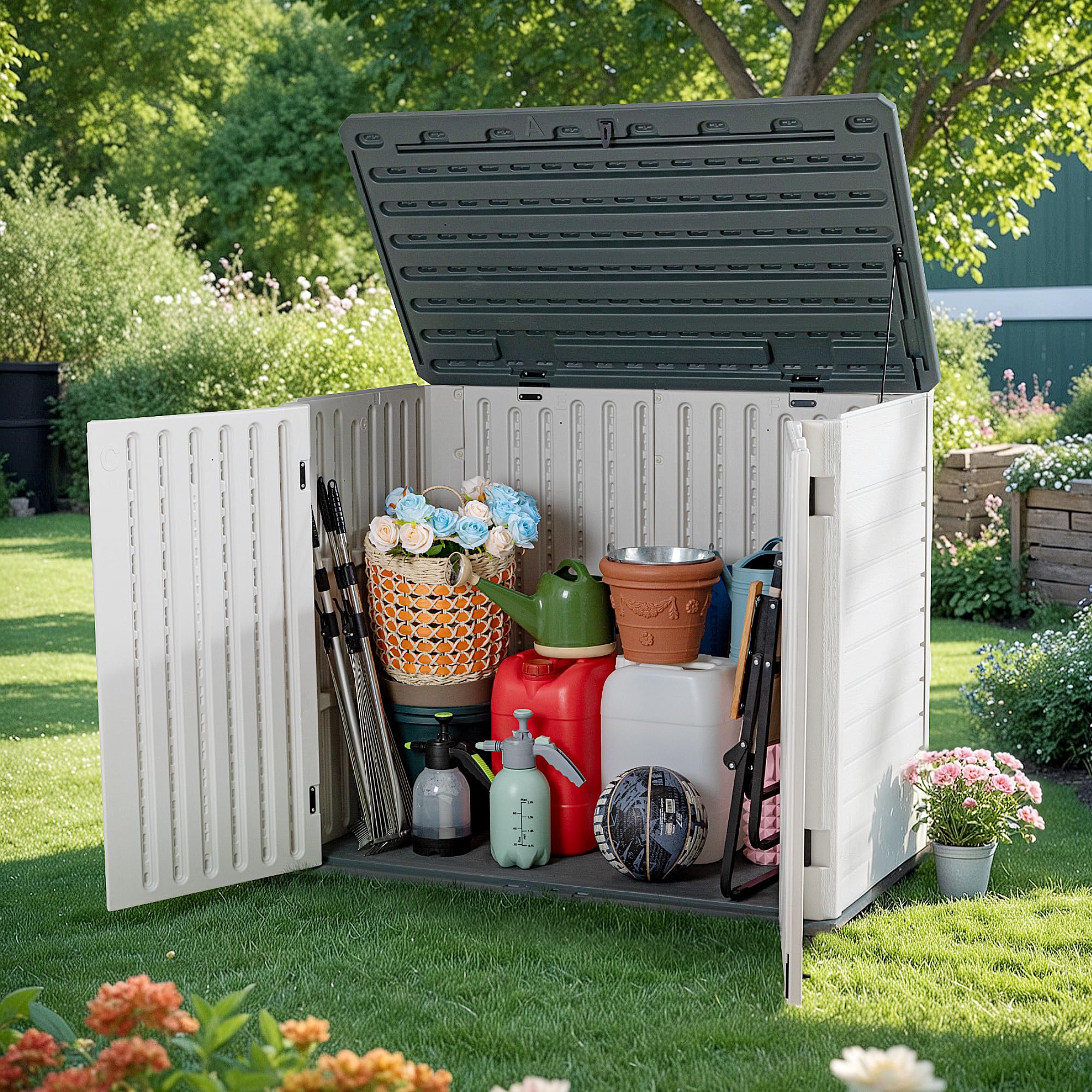 Greesum Outdoor Horizontal Resin Storage Sheds 34 Cu. Ft. Weather Resistant Resin Tool Shed, Extra Large Capacity Weather Resistant Box for Bike, Garbage Cans, Lawnmowe, Without Divider, White