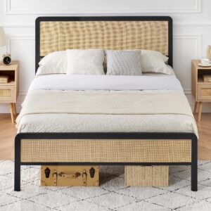 IDEALHOUSE Boho Style Full Bed Frame with Rattan Headboard, Platform Bed Frame with Strong Metal Slat Support,No Box Spring Needed,Black & Oak (Full)