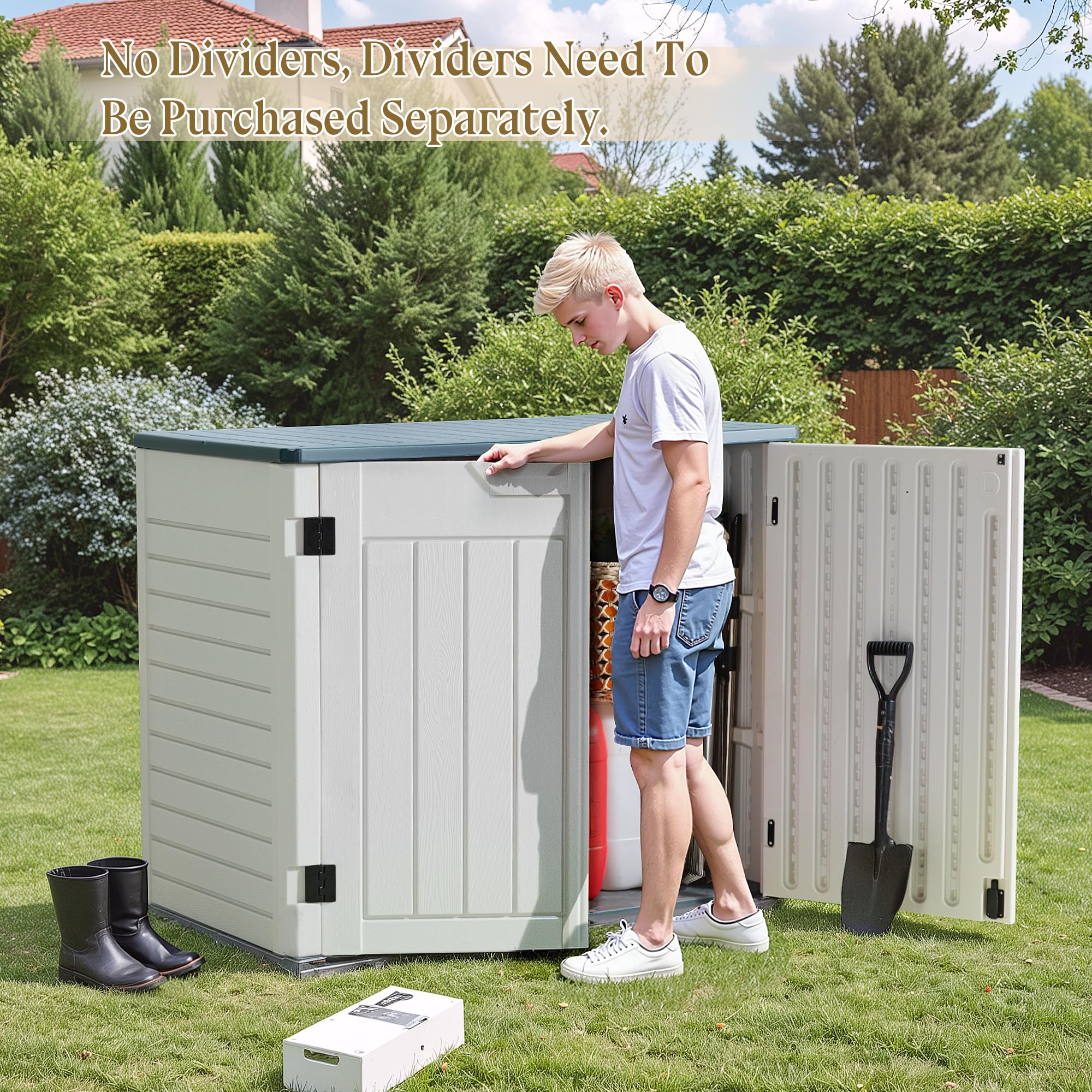 Greesum Outdoor Horizontal Resin Storage Sheds 34 Cu. Ft. Weather Resistant Resin Tool Shed, Extra Large Capacity Weather Resistant Box for Bike, Garbage Cans, Lawnmowe, Without Divider, White