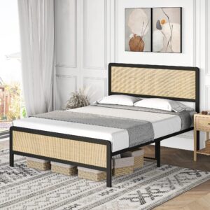 IDEALHOUSE Boho Style Full Bed Frame with Rattan Headboard, Platform Bed Frame with Strong Metal Slat Support,No Box Spring Needed,Black & Oak (Full)