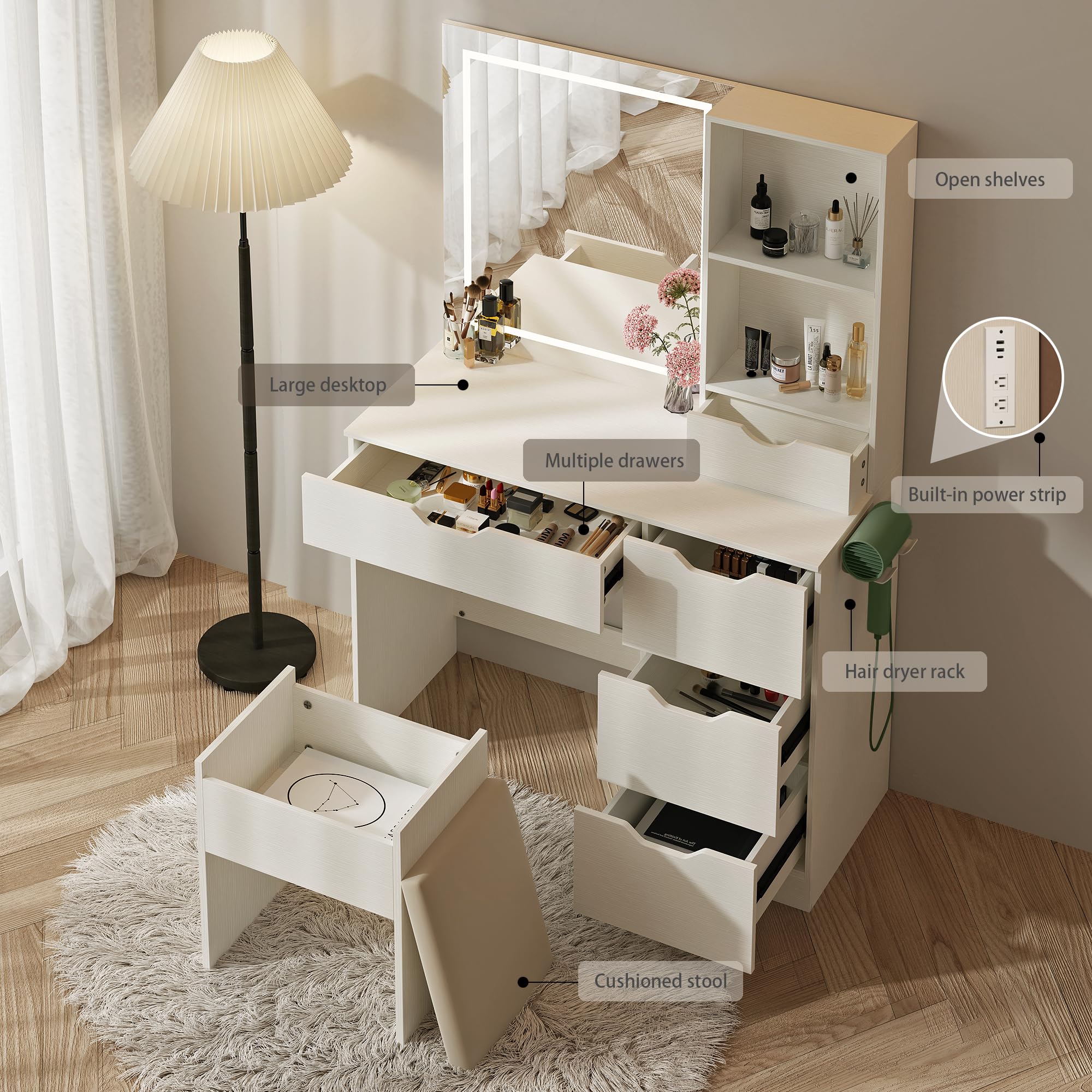 HUAHUU Vanity Desk with LED Lights Mirror & Power Outlet, 3 Lighting Colors Vanity Desk with 5 Drawers, Makeup Vanity Set and Cushioned Stool for Bedroom, White