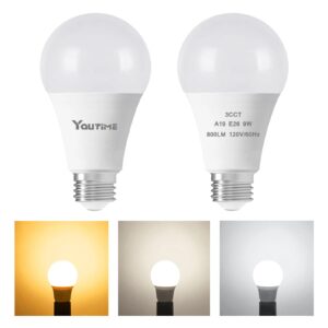 youtime led light bulb a19 3 color temperature 3000k-5000k-4000k,3cct color changing light bulbs,energy saving 9w(60w equivalent) led bulb,810lm,e26 base for bedroom,living room,2 pack