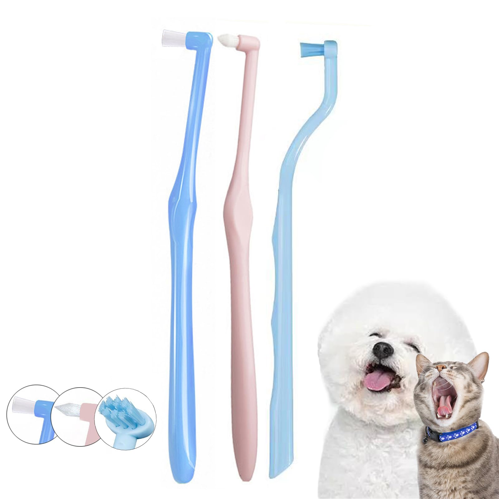 KnocKconK Three Sided Dog Toothbrush Kit, 2 Size Dog Toothbrush for Adult Puppy with Small Soft Head, Pet Teeth Deep Clean Dense Brush, Small Dog Tooth Cleaning (Blue+Pink, cat Toothbrush)