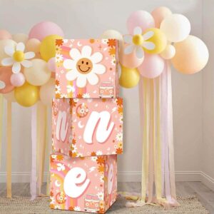 Tewess One Groovy Babe Birthday Party Decorations Balloon Boxes, 3Pcs Boho Groovy 1st Theme Birthday Balloon Boxes for Girl Hippie Daisy Flower Rainbow First Birthday Party Supplies