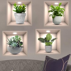 3d green plants wall sticker,4pcs 3d vases flower wall stickers decals for living room bedroom kitchen decor,3d green pot plant succulent stickers(3d plants)