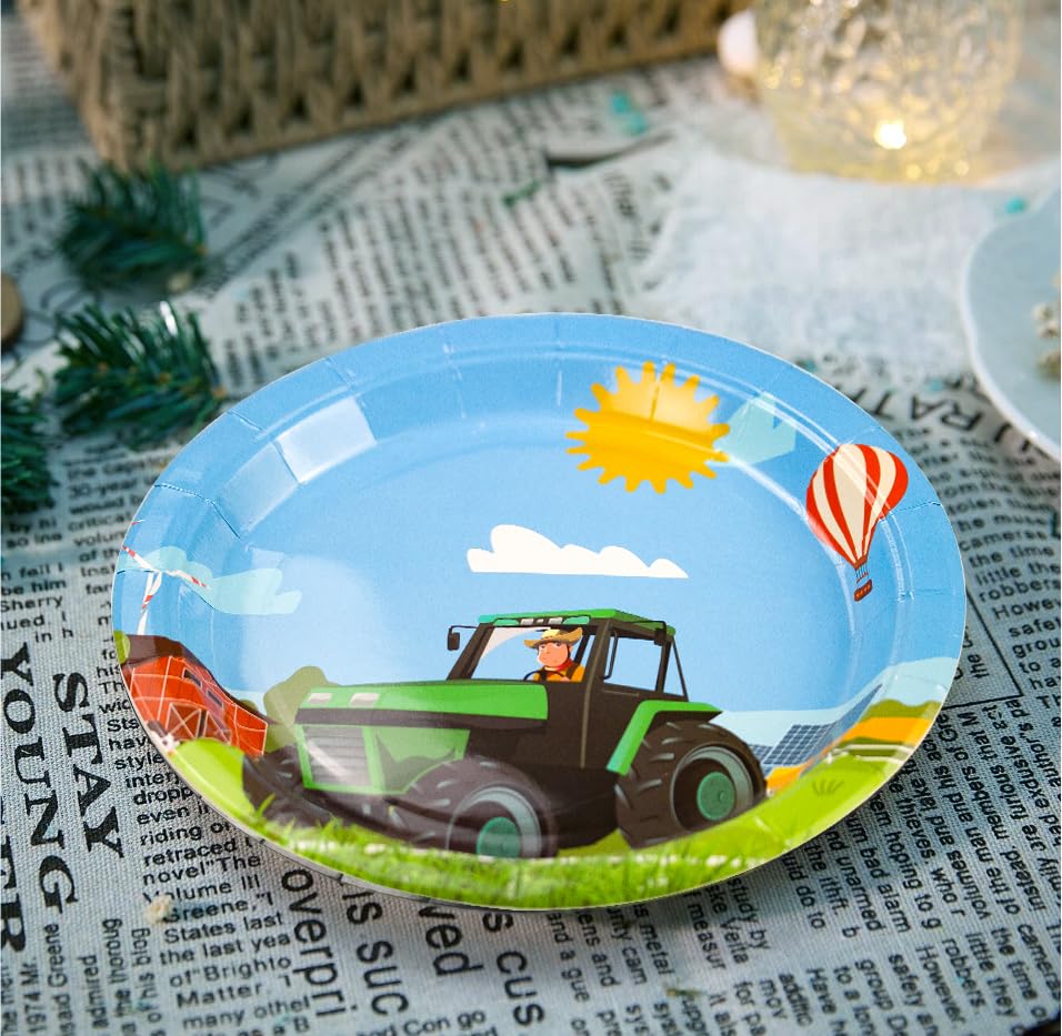 Owelleny Tractor Birthday Party Supplies - Farm Tractor Party Decorations Tableware, Paper Plates, Napkin, Cup, Disposable Cutlery, Green Tractor Birthday Baby Shower Table Decorations | Server 24