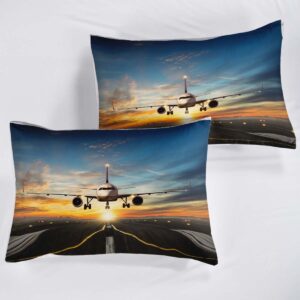 YAHFSHUILU Airplane Duvet Cover Sets 3D Print Comforter Cover Bright Orange Sunset Airplane Bedding Sets with Zipper Ties Vast Grey Runway Airplane Cover 2 Pillow Shams,Full Size