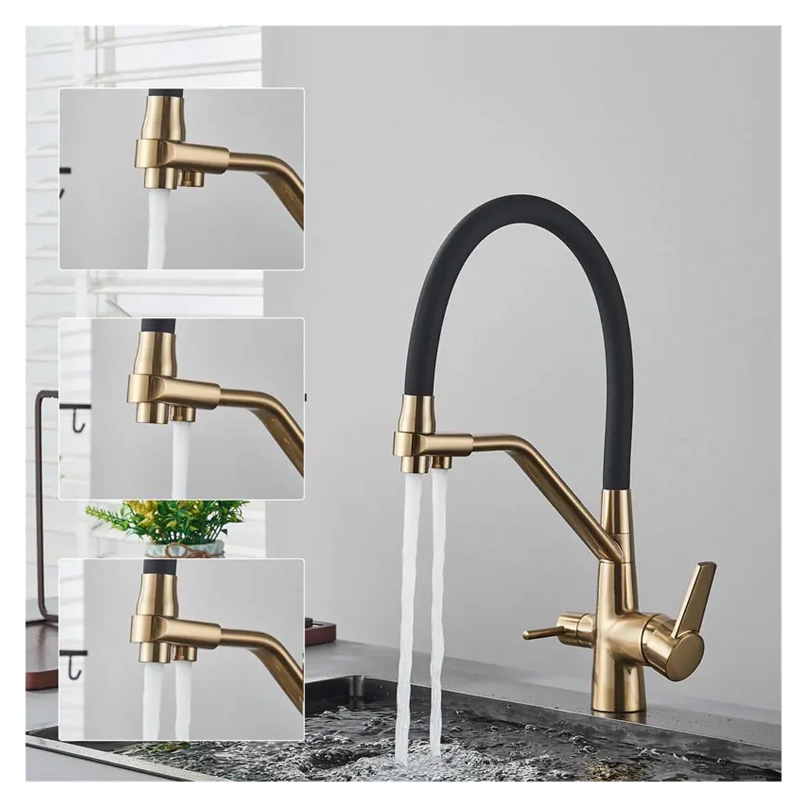 CUFTOBJM 1PCS Filtration Kitchen Faucet Purification Kitchen Faucet 360 Degree Rotating Water Filtration Faucet Kitchen Three-Way Hot and Cold Mixing Sink Faucet (Color : Brushed Gold B)