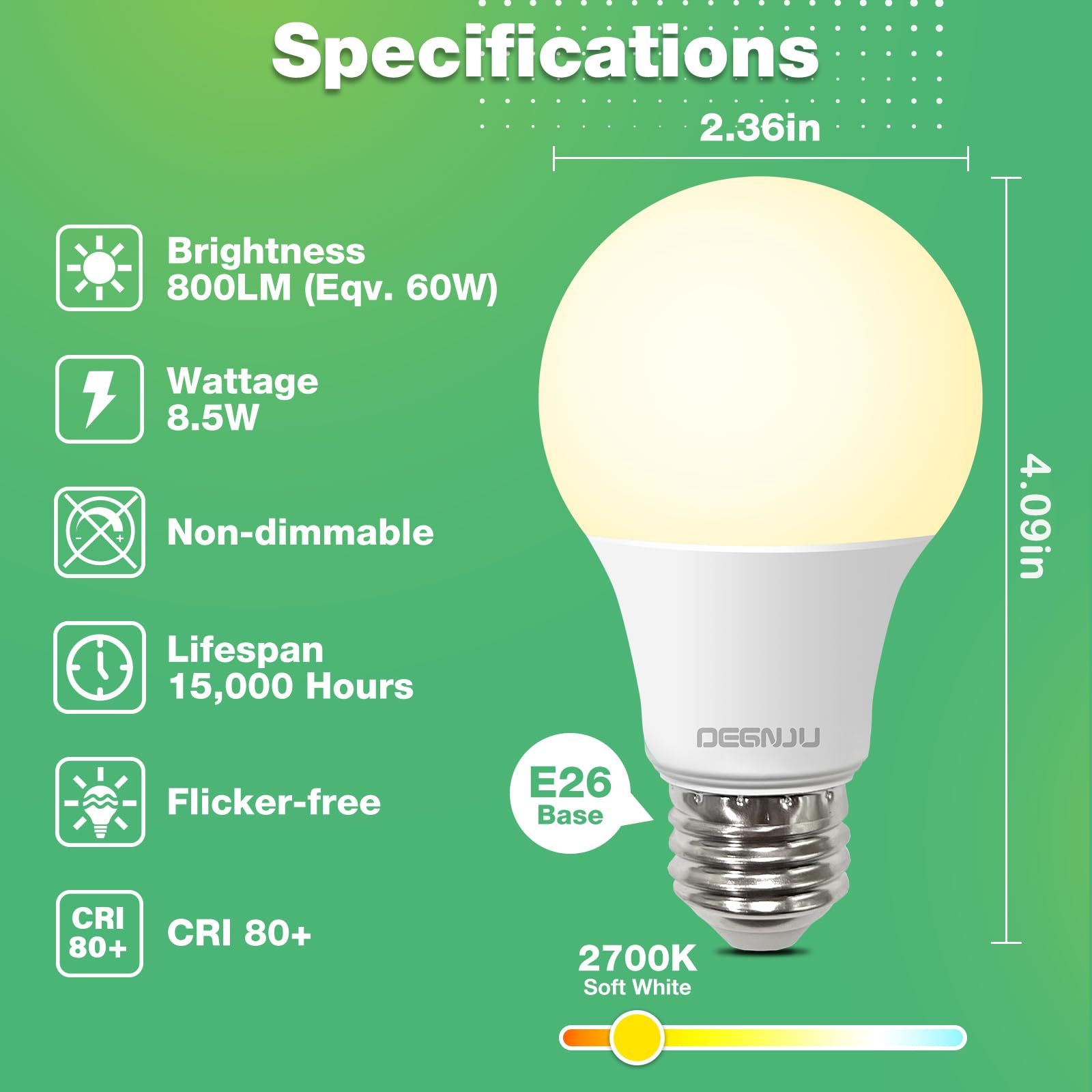 DEGNJU LED Light Bulbs 60W Equivalent, A19 Light Bulb Soft White 2700K 800LM 8.5 Watt, Non-Dimmable Standard Light Bulbs E26 Medium Base, 6 Pack