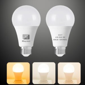 m mayjazz 3 color temperature led light bulb a19 2700k-5000k-4000k,3cct color changing light bulbs,energy saving 9w(60w equivalent) led bulb,810lm,e26 base for bedroom,living room,2 pack