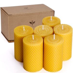 beeswax pillar candles set of 6 - handmade pure beeswax rolled candles for gift & home decor (2×3.4 in)