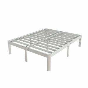 kzzlol white bed frame queen size 16 inch, metal queen bed frame no box spring needed, heavy duty steel support 3500 lbs, diy headboard, noiseless, round corner legs, storage space, easy assembly