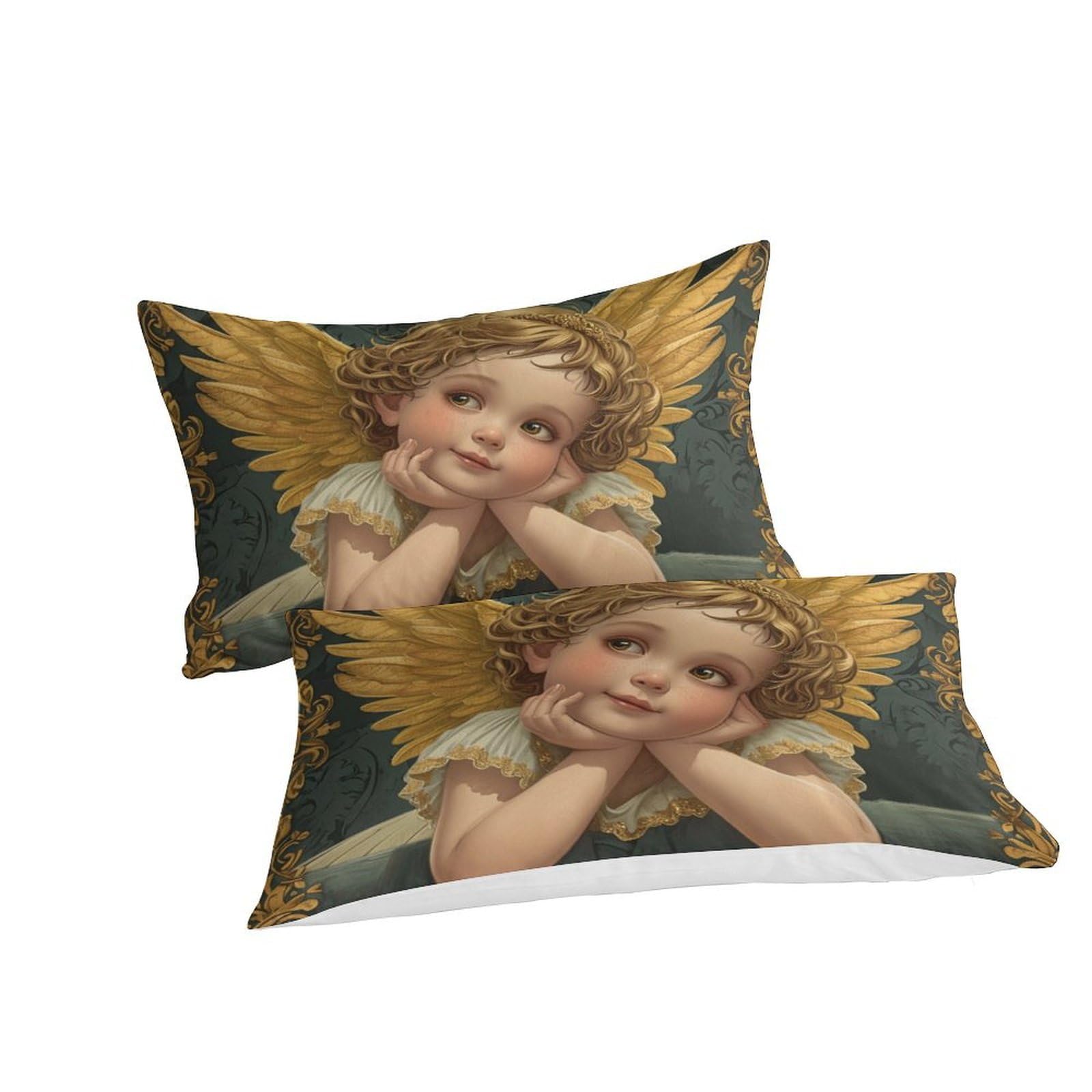 SorEci Cherubs 3pcs 3D Bedding Set Golden Wings Duvet Cover Set Bed Printed Quilt Cover Bed Linens with 2 Pillowcases with Zipper All Season Queen（228x228cm）, Style-3