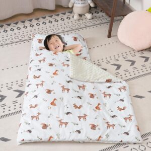 david's kids Toddler Nap Mat with Plush Dots Lining, Ultra Soft Slumber Bags for Boys Girls, Perfect for Preschool, Daycare, Kids Sleeping Bags with Rollup Design, 50"x20", Woodland Animals