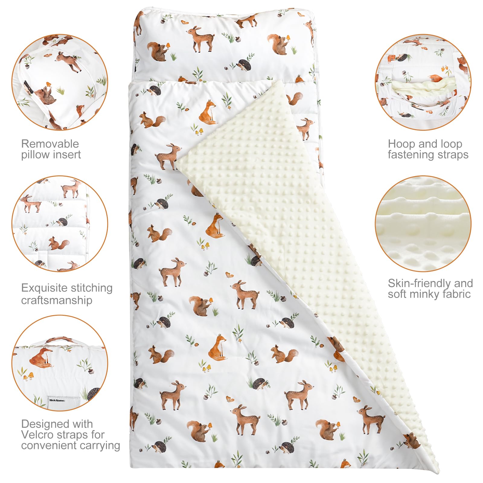 david's kids Toddler Nap Mat with Plush Dots Lining, Ultra Soft Slumber Bags for Boys Girls, Perfect for Preschool, Daycare, Kids Sleeping Bags with Rollup Design, 50"x20", Woodland Animals