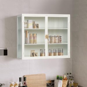 ssline modern metal medicine cabinet with glass doors wall-mount 3-shelf bathroom cabinet with gold handles white accent storage cabinet for bathroom kitchen living room