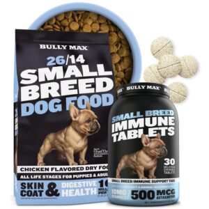 bully max 26/14 small breed dry dog food & immune supplement tablets bundle - skin, coat, sensitive stomach & immunity support for puppies, adults & seniors - 5lbs kibble bites + 30 chewable tabs