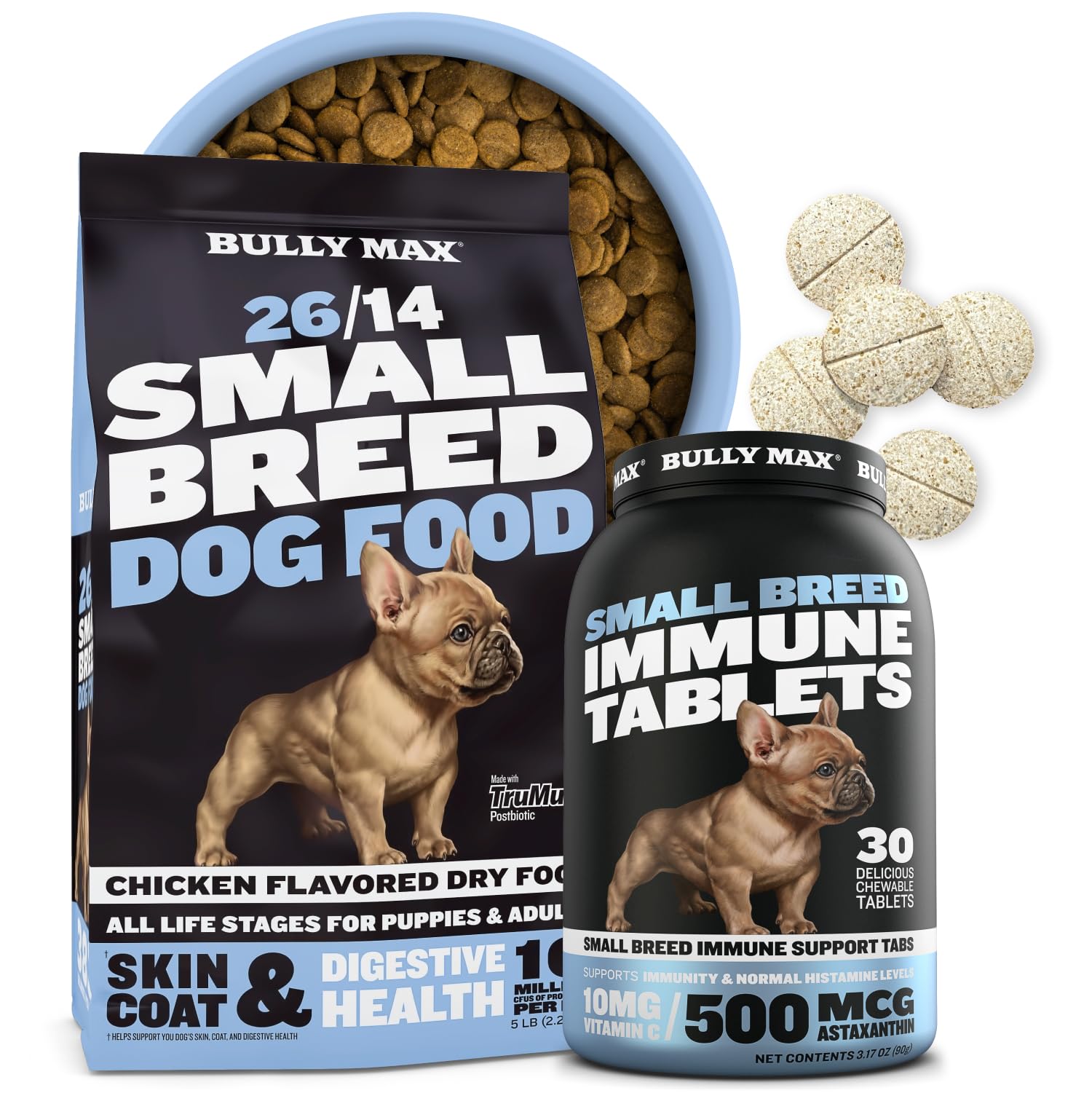 Bully Max 26/14 Small Breed Dry Dog Food & Immune Supplement Tablets Bundle - Skin, Coat, Sensitive Stomach & Immunity Support for Puppies, Adults & Seniors - 5lbs Kibble Bites + 30 Chewable Tabs