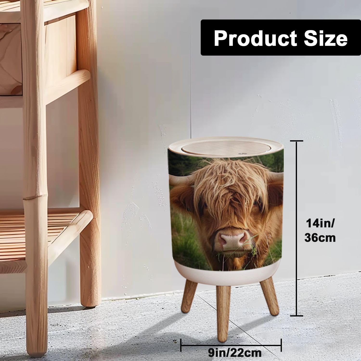 LGCZNWDFHTZ Small Trash Can with Lid for Bathroom Kitchen Office Funny Hairy Cow Highland Cattle Close up Garbage Bin Waste Basket Decorative 1.8 gallons, 14x9inch