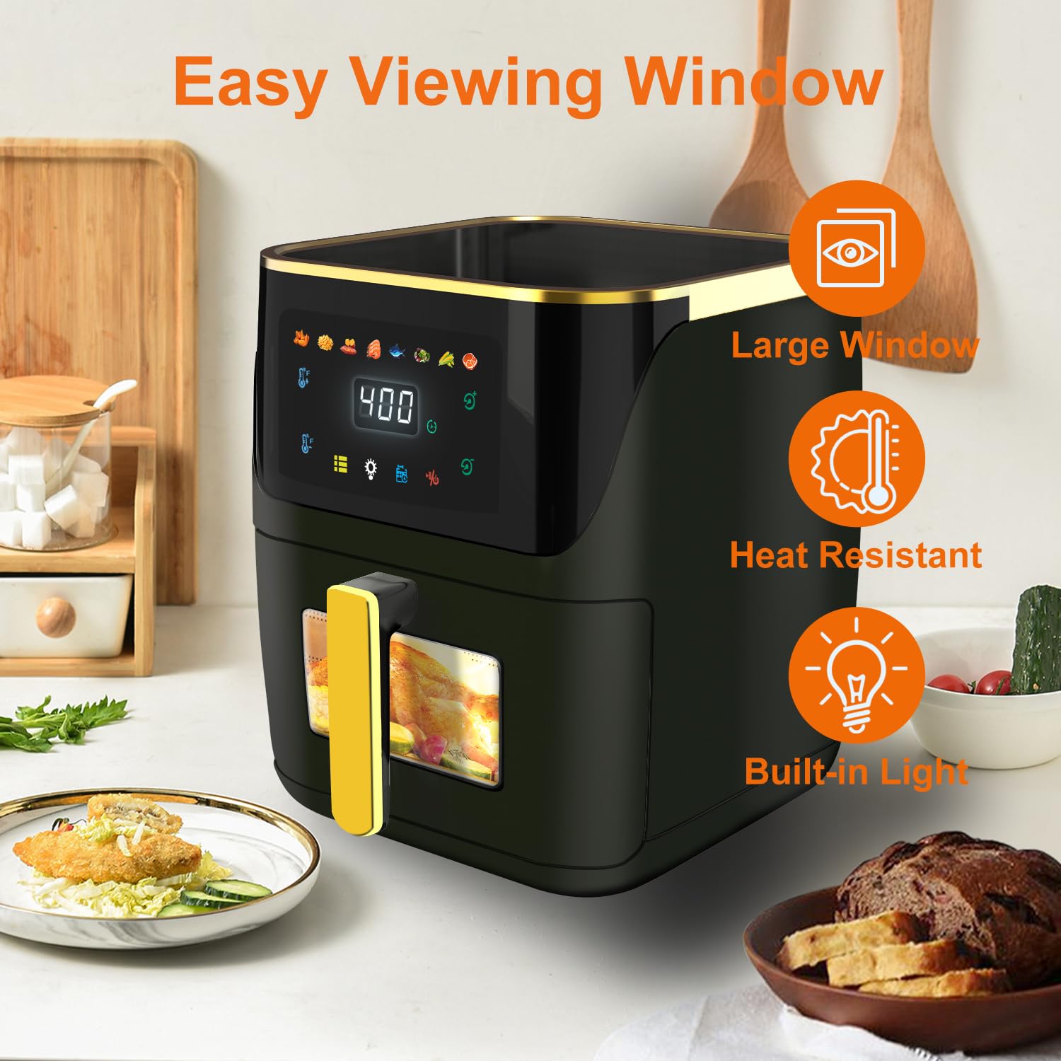 Vaparinckl Air Fryer, 8.5Qt Large Family Size, 8-in-1 Function Digital Touch Screen, Easy Viewing Windows, 1750W Fast Air Frying up to 400℉, Auto Shut Off, Nonstick and Dishwasher-Safe Basket