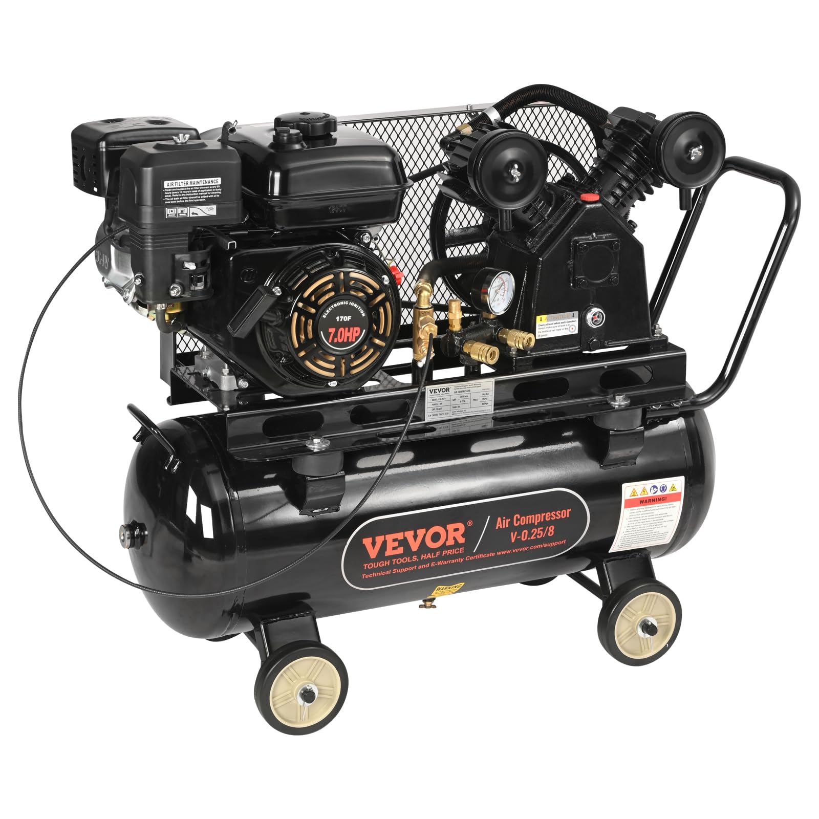 VEVOR 7HP Gas Powered Air Compressor, 13.2 Gallon Horizontal Air Compressor Tank, 9CFM@115PSI Gas Driven Piston Pump Air Compressed System with 115PSI Max Pressure for Construction Sites Workshop